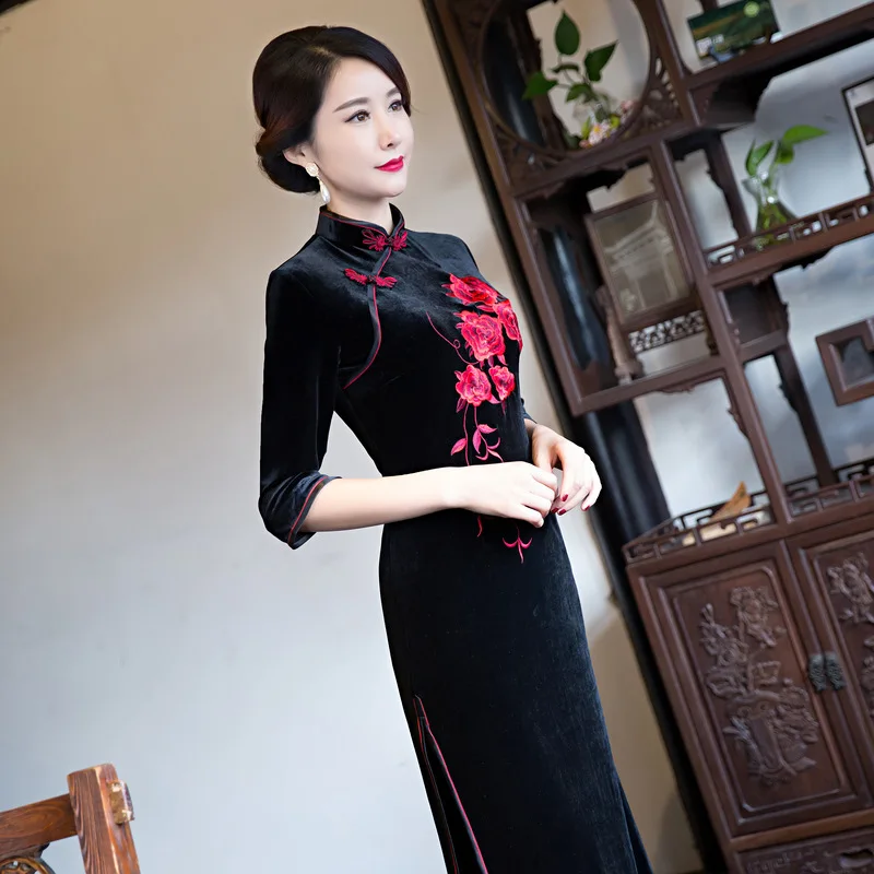 traditional dress velvet qipao embroidery cheongsam chinese style black ...