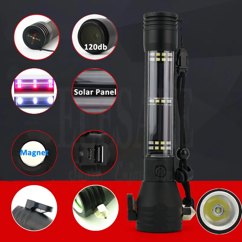 Outdoor Solar Power Multi Function Flashlight Defense Alarm Strobe Window Breaker Camping ...