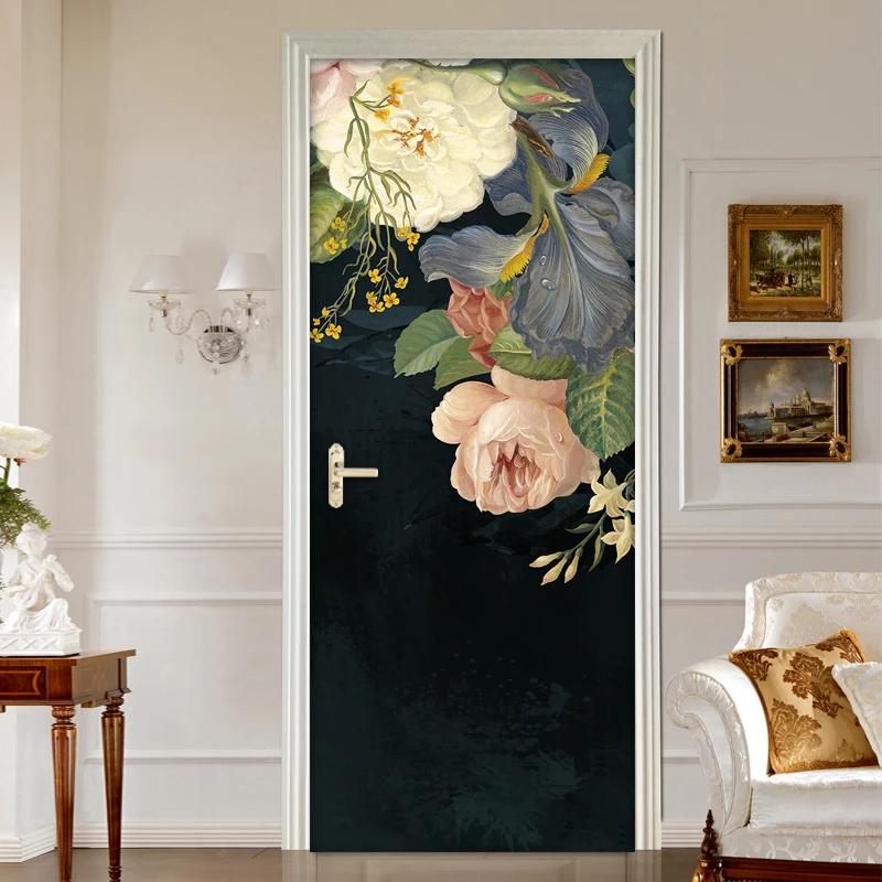 Removable Waterproof Self-adhesive Door Sticker Wall Mural Floral ...