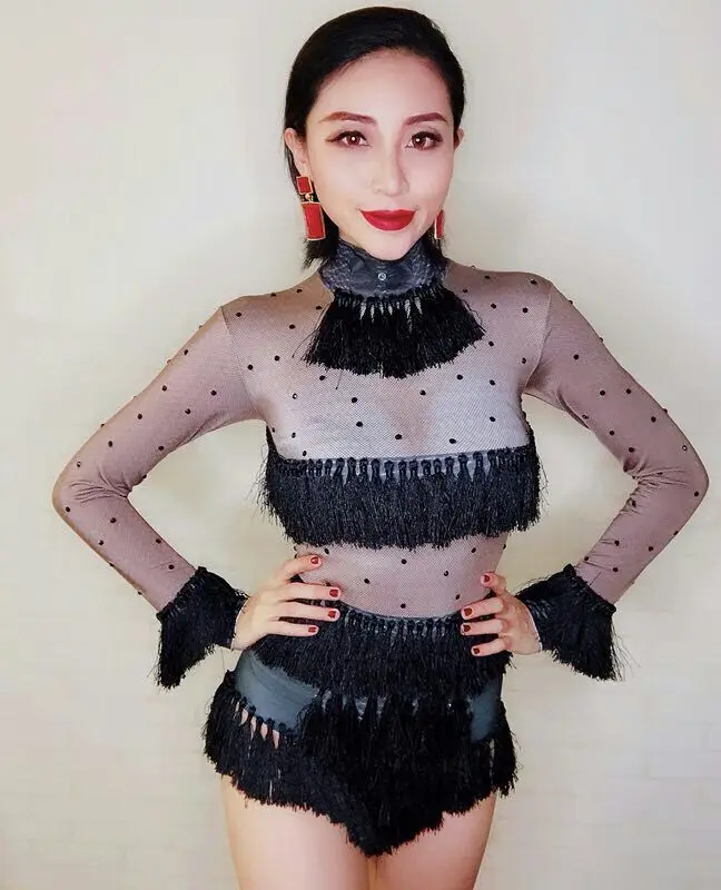 Women Sparkly Crystals Black Tassel Bodysuit Costume Celebrate