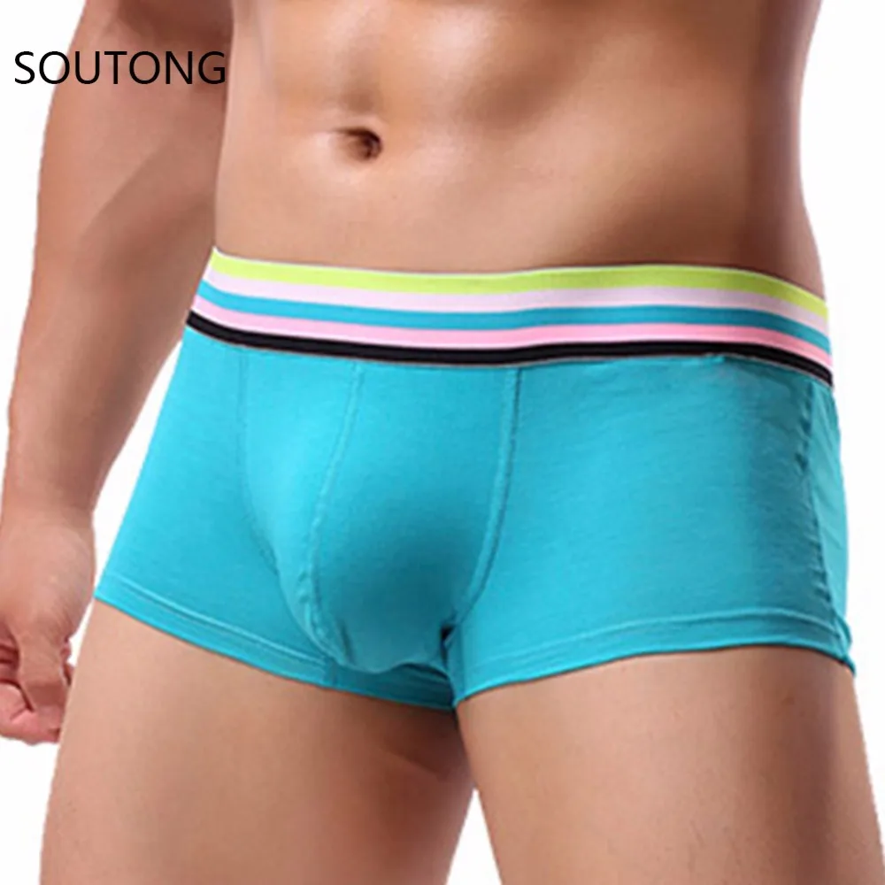 Soutong Men Sexy Underwear Trunks Breathable Bulge Pouch Stripe Waist