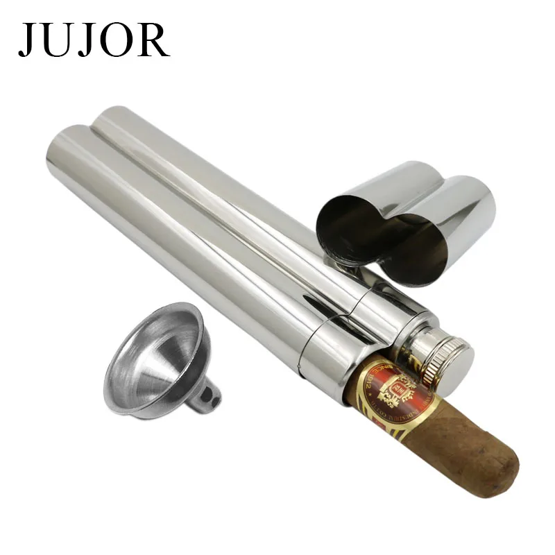 JUJOR 2In1 Cigar Tube with Flask 2 oz. Combo Stainless Steel and Funnel ...