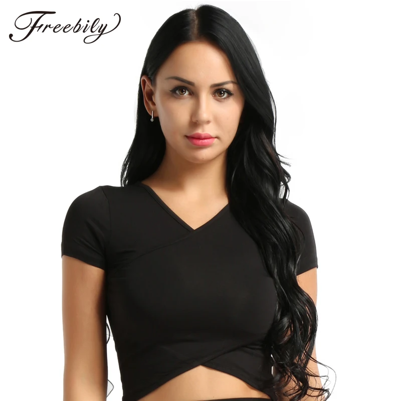 Womens Sexy Deep V Neck Crop Top Front Surplice Wrap Slim Tops Casual ...