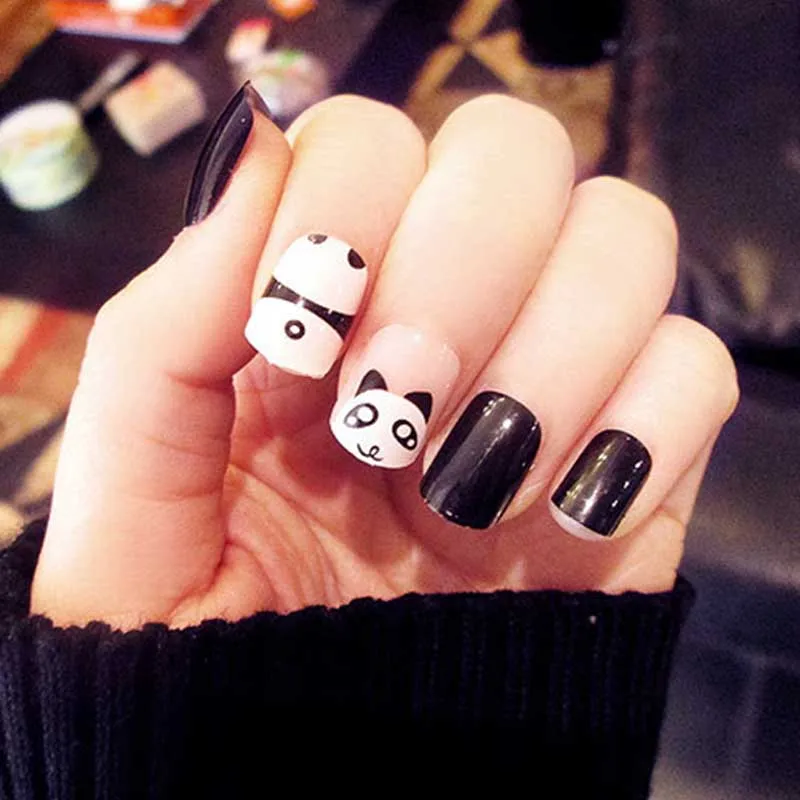 Белые черные цвета полный Чехол накладные ногти сделай сам короткий размер ногти с клеем