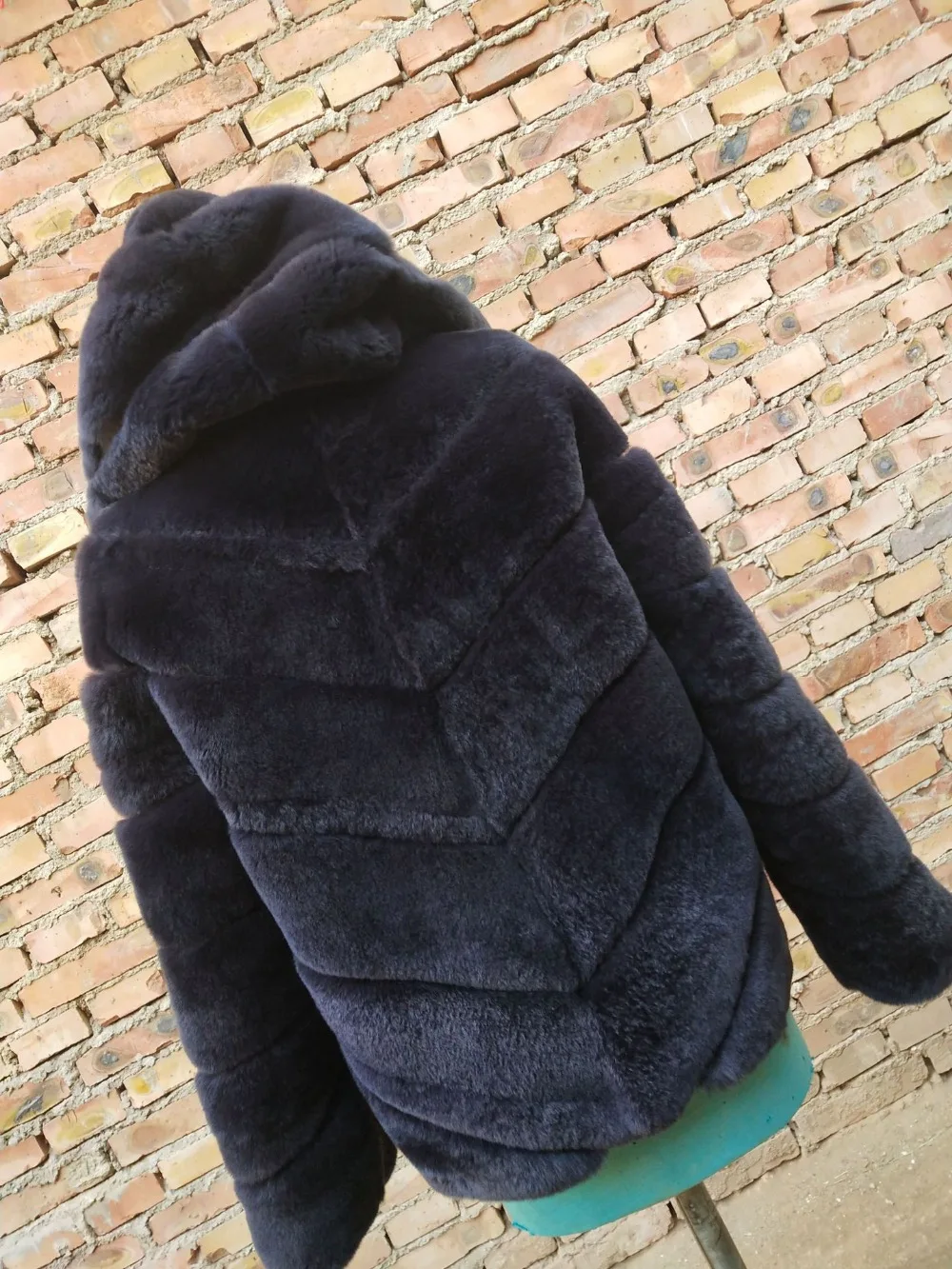 Short Light Grey Diagonal Stripes Rex-Fur Hooded Coat Jacket Black Real ...