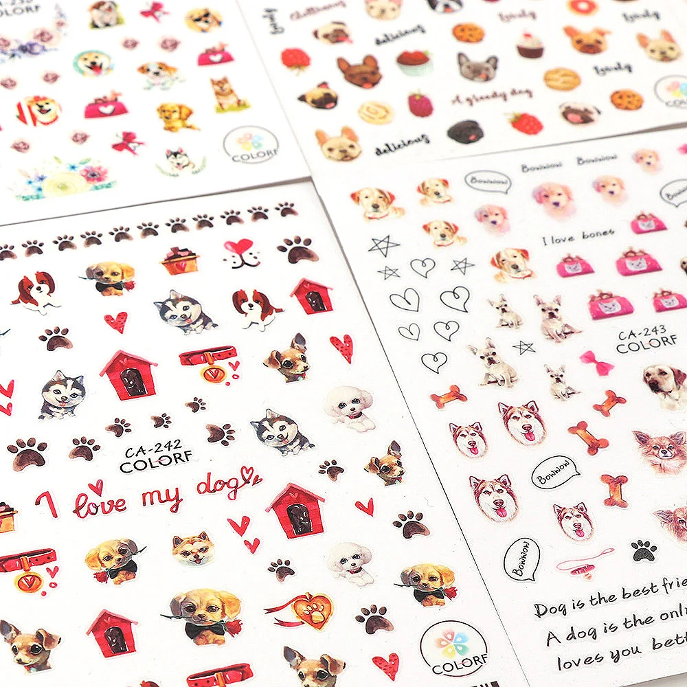 Pegatinas 3D de perros y gatitos para decoración de uñas, pegatinas de transferencia de línea de ...