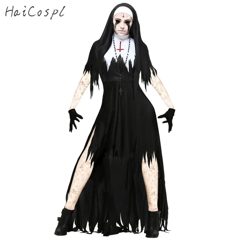 Halloween Nun Cosplay Costume Women Black Vampire Fantasy Dress Terror