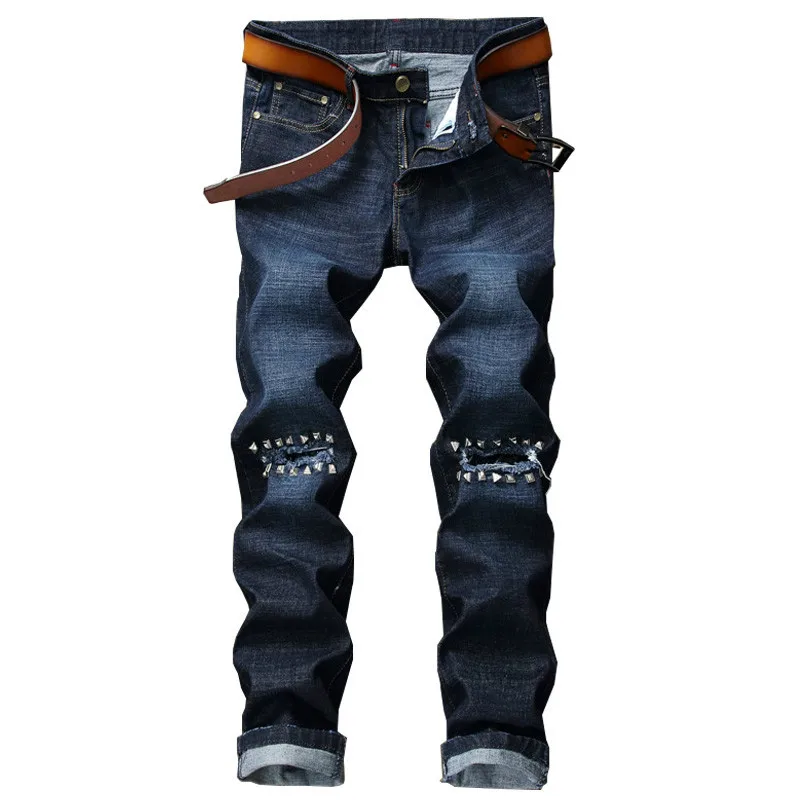 New Biker Men Ripped Jeans Pants With Rivets Punk Rock Hole Straight ...