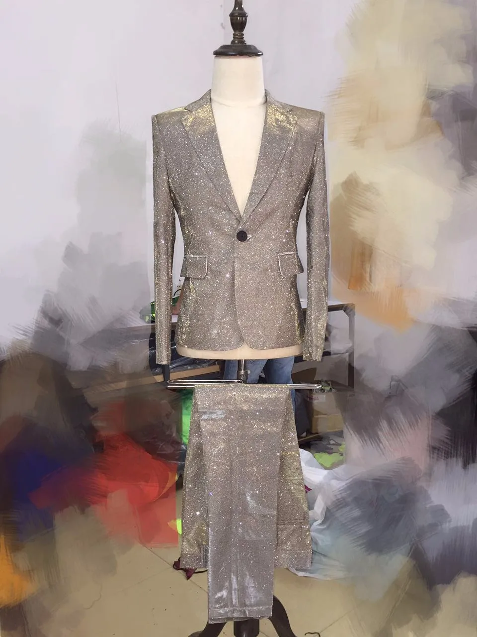 New Male Spring Sequins Silver Suits Wedding Prom Wear Dress Suit ...