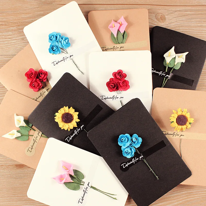 5pcs Creative handmade paper flower message card DIY retro kraft paper ...