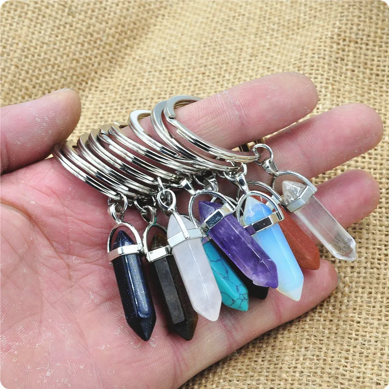 Natural Hexagonal Column Stone Keychain For Women Rose Quartz Opal ...