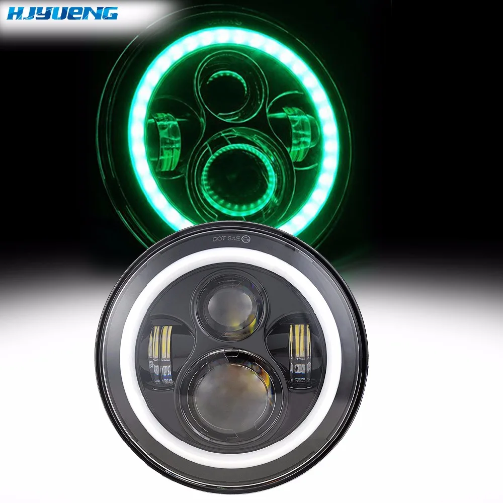 HJYUENG 45W 7inch Round LED Headlights with Green Halo Ring Angle Eye ...