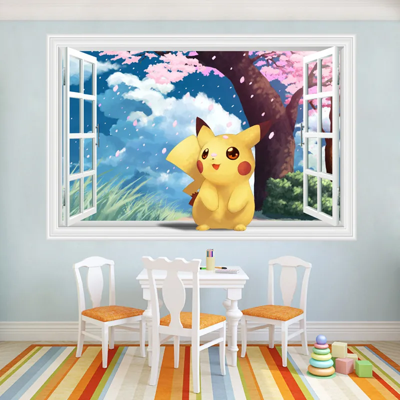Baby Pikachu 3d broken wall vinyl stickers Pokemon anime poster mural ...