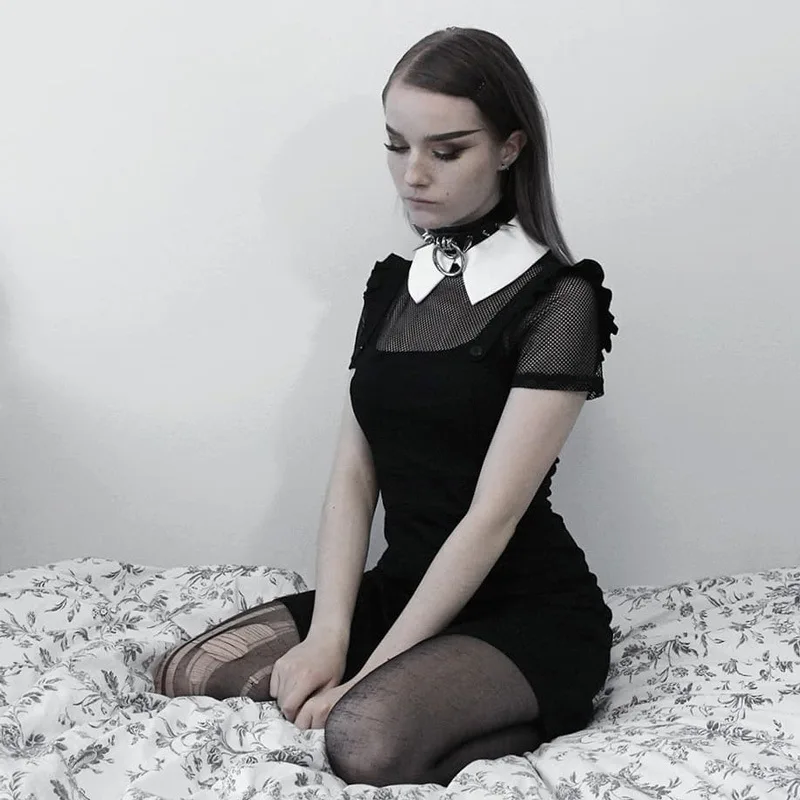 2019 New Gothic Dresses Women A Line Summer Black Peter Pan Collar ...