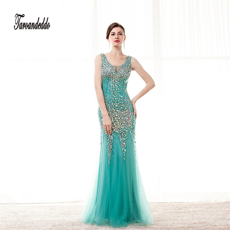V neck Colorful AB Stones Sheath Blue Crystals Long Prom Dresses ...