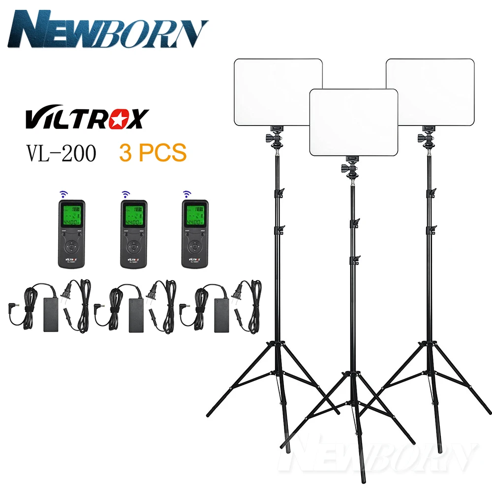 VILTROX 3PCS VL 200 LED Light 3200 5500K+DC Power+2M Light Stand kit ...