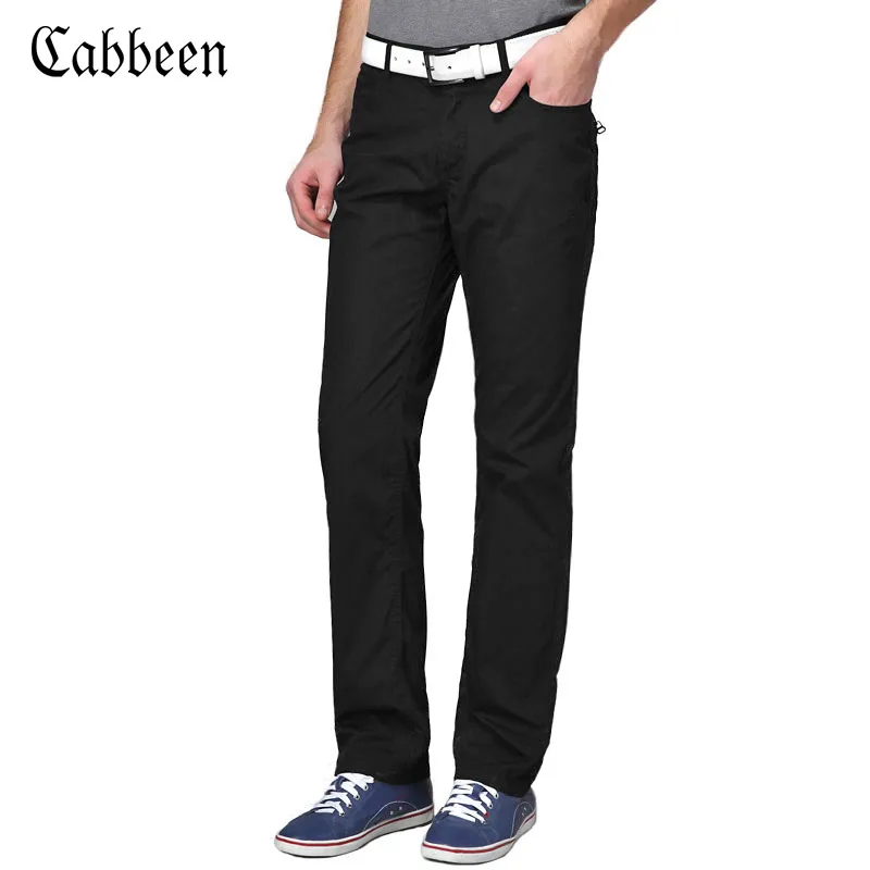 Cabbeen men's clothing black 100% cotton slim trousers low waist male ...