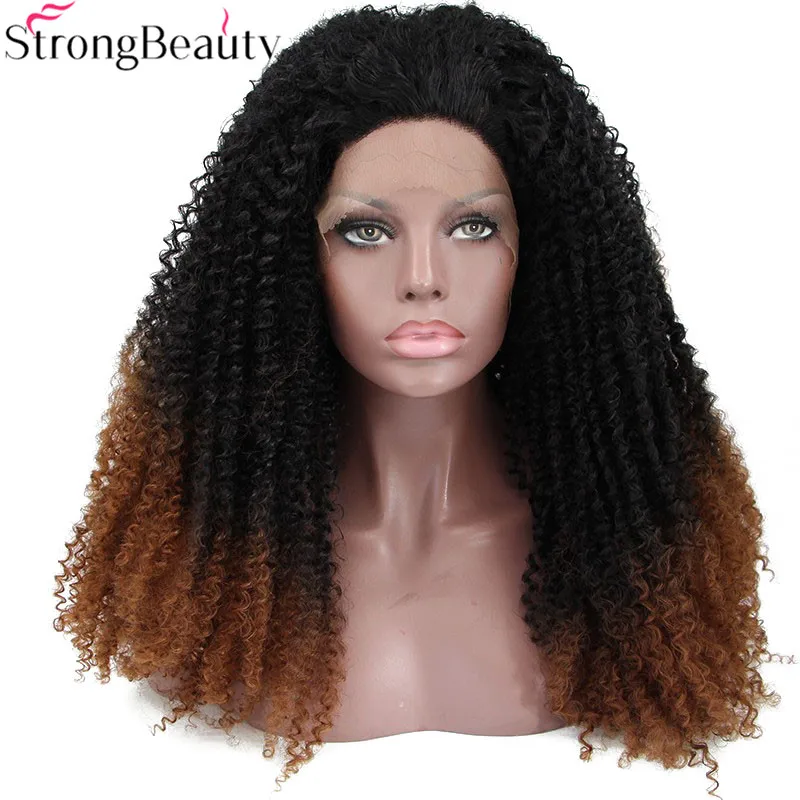 Strongbeauty Afro Long Kinky Curly Wigs Ombre Brown Lace Front