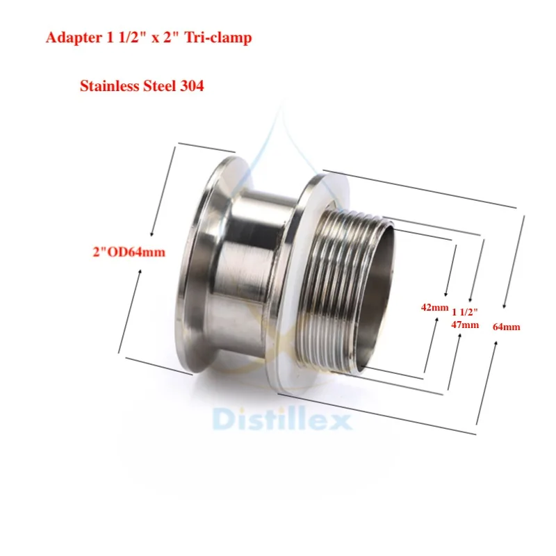 Adapter 2"OD64mm x DN 40 (1 1/2") . Stainless steel 304 . Length 50mm ...