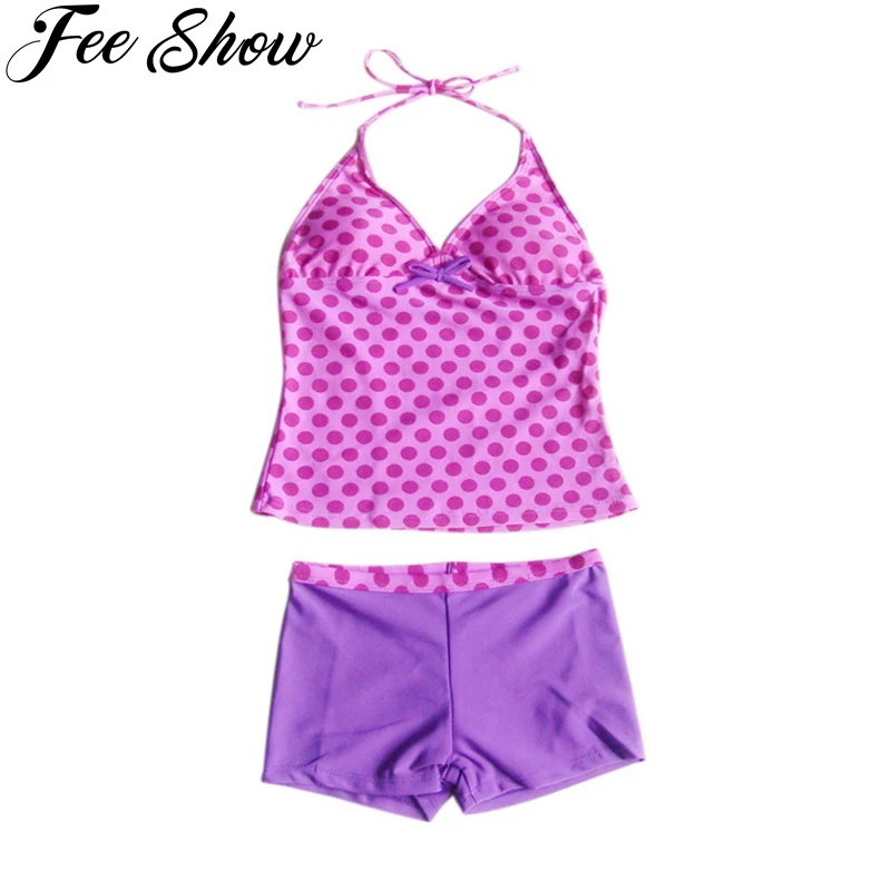 2PCS Purple Girls Halter Polka Dots Tankini Swimwear Swimsuit Set Tops ...