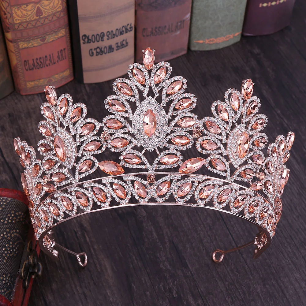 Baroque Rose Gold Color Big Rhinestone Bridal Tiaras Crown Champagne ...
