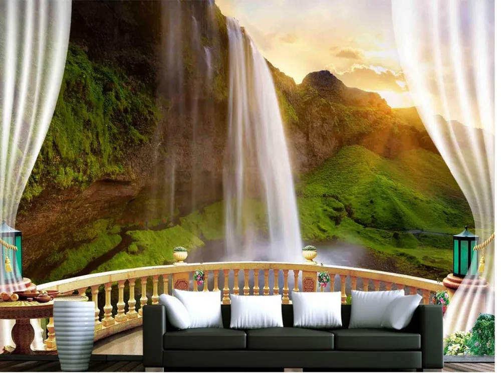 Custom 3d Wallpaper Balcony Blue Sky White Clouds Waterfall Background ...