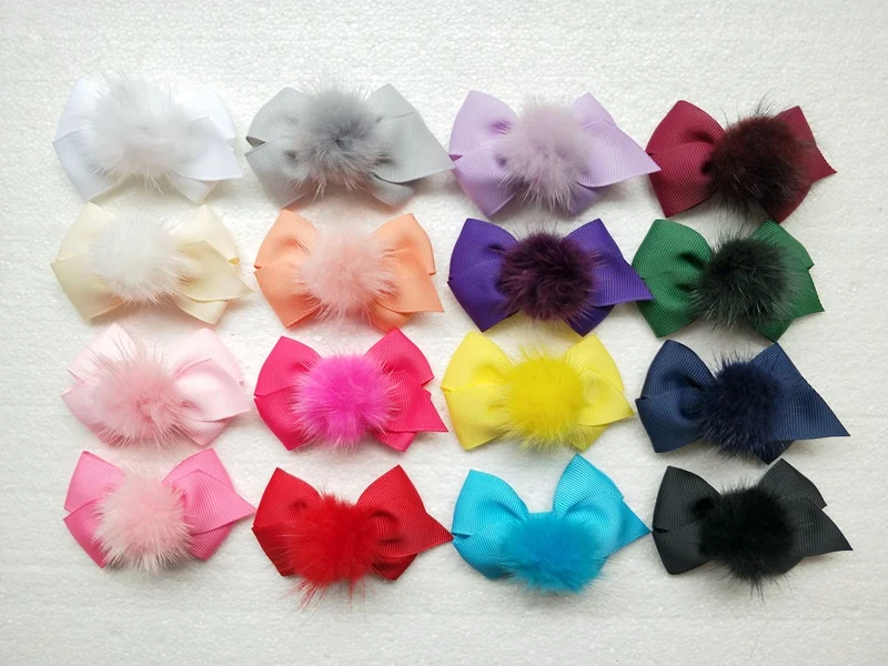 10pcs Girl 2 5 Inch Mink Fur Pompon Hair Bows Clips Pom Pom Headwear