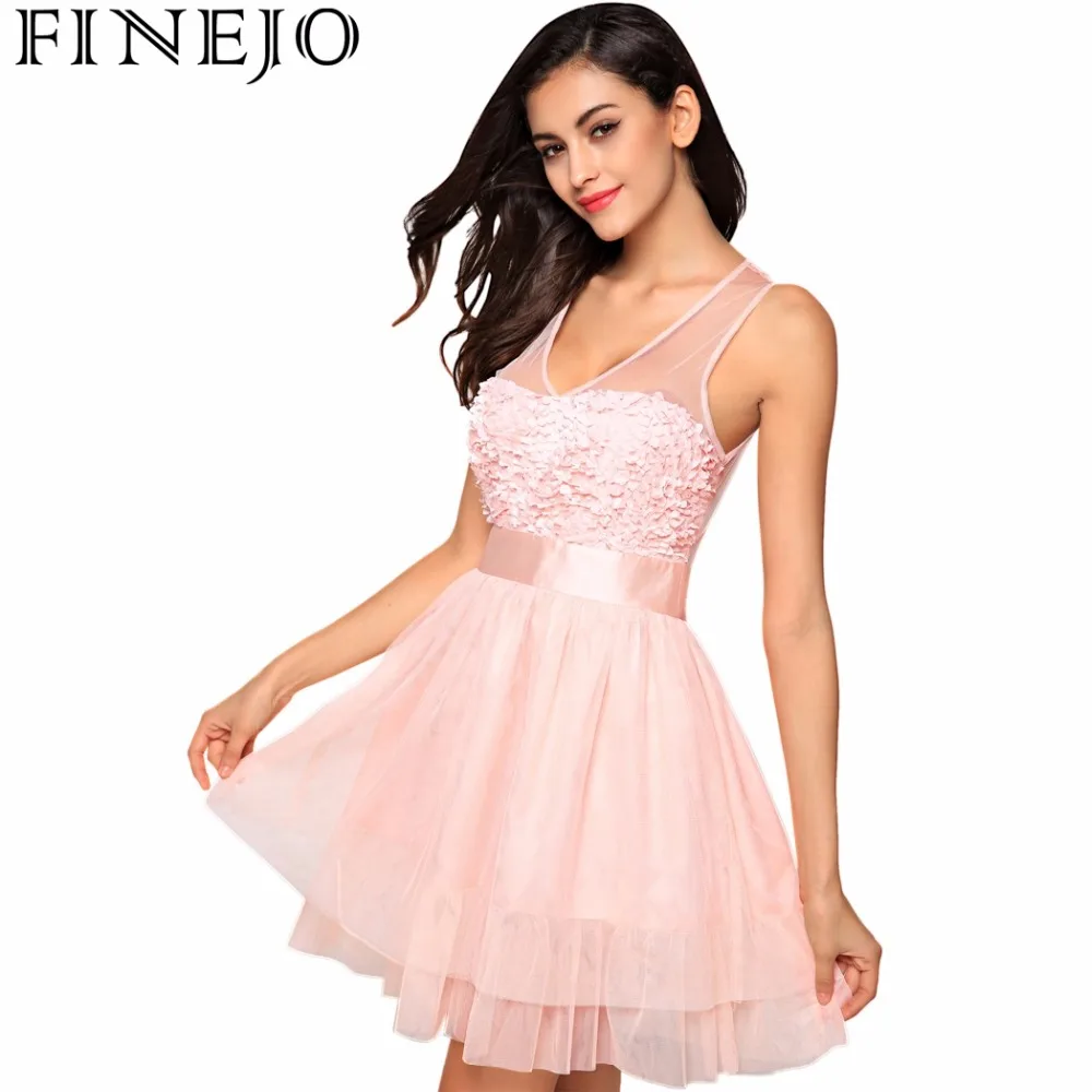 Finejo Women Fashion Sexy V Neck Sleeveless High Waist Sheer Mesh Patchwork Floral Sweet Short