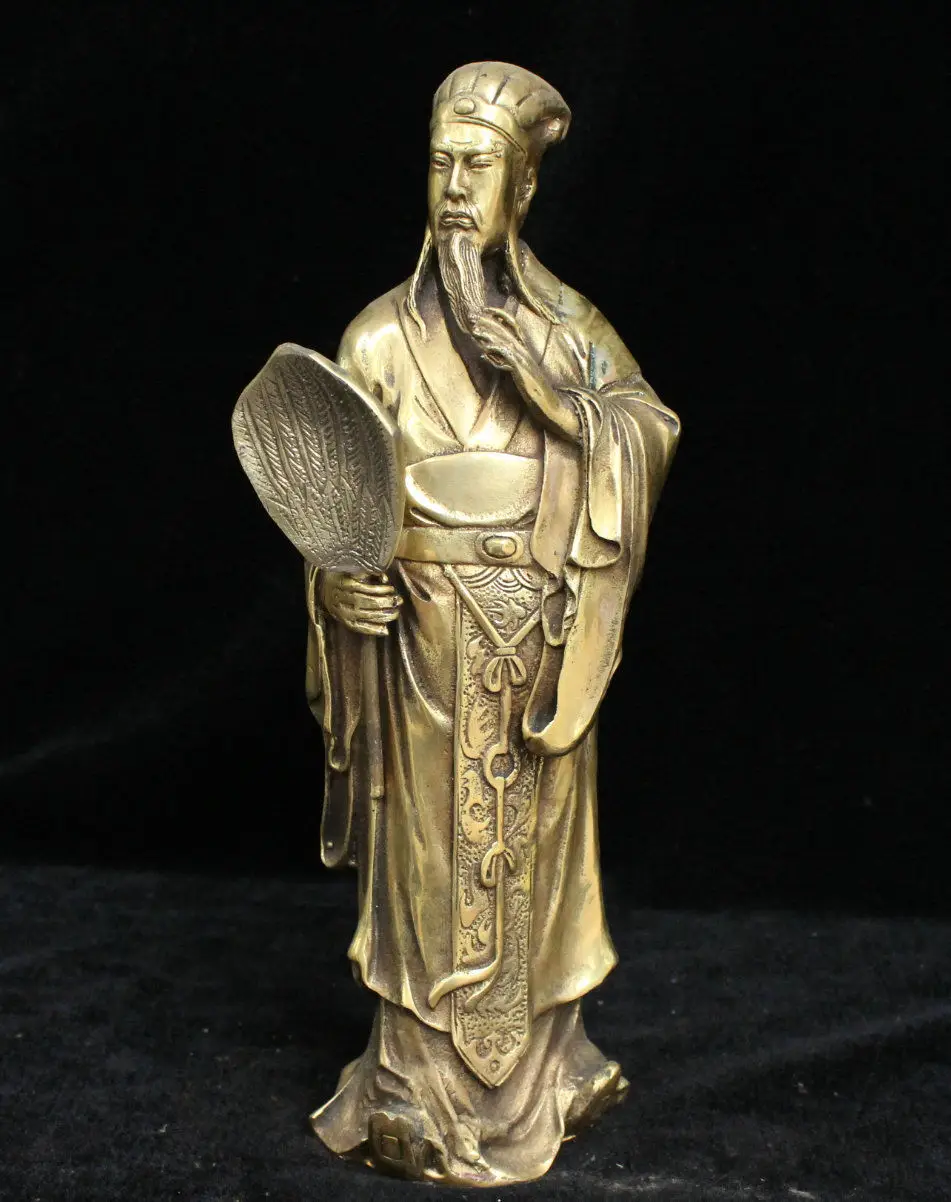 Chinese Brass Bronze Famous Strategist Zhu Ge Liang Kong Ming Hold Fan ...