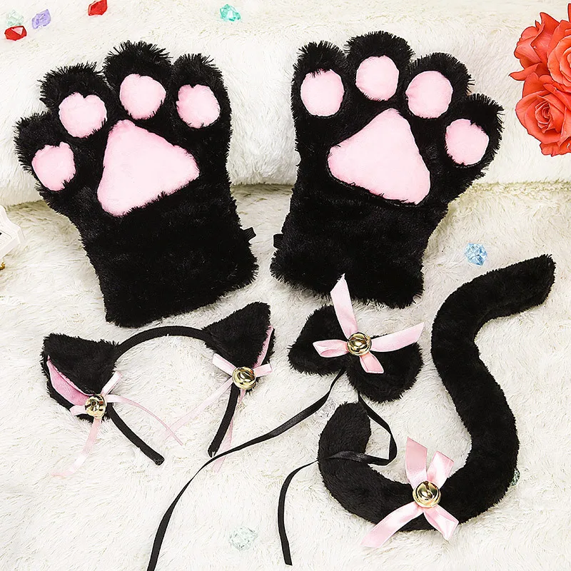 Lovely Cat Cosplay Ears Plush Paw Claw Gloves Tail Ribbon Anime Cosplay ...