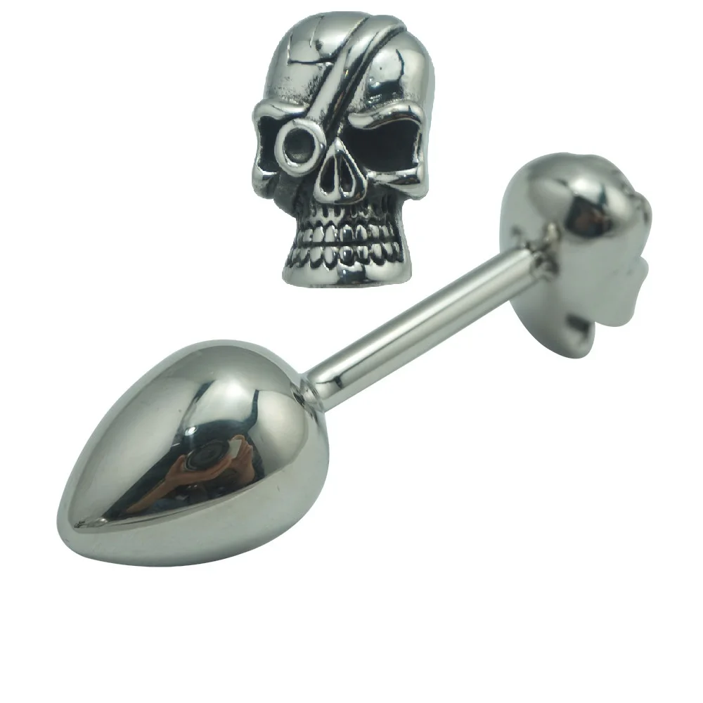 Dia 245mm New Design Skull Head Stainless Steel Anal Butt Plug With Cock Ring Metal Anal Beads