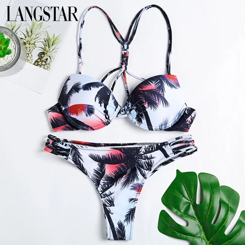 Langstar Push Up Bikini Swimwear Women Swimsuit Spaghetti Strap Padded