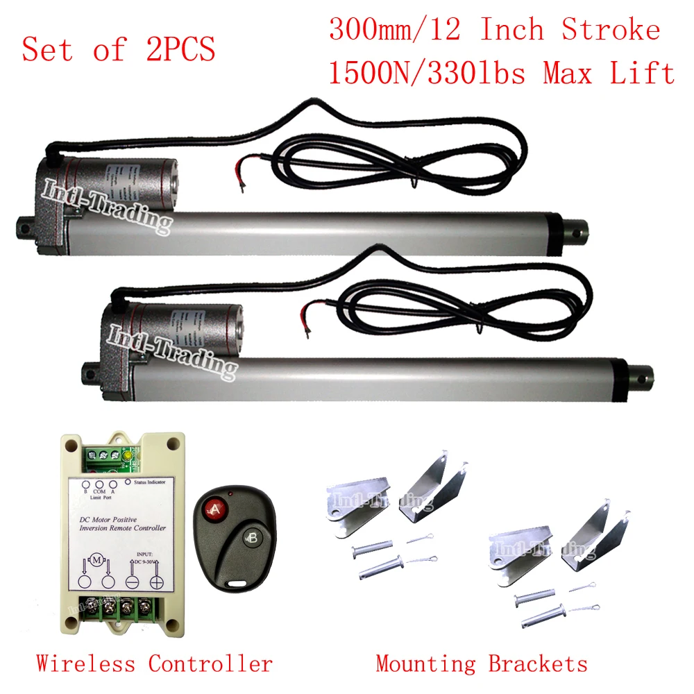 Set of 2 Linear Actuators 300mm/12" Inch Stroke DC 12V 1500N/330lbs Max ...