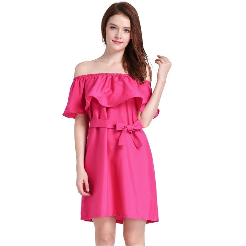New Candy Color Summer Dress Women Sexy Slash Neck Ruffles Dresses
