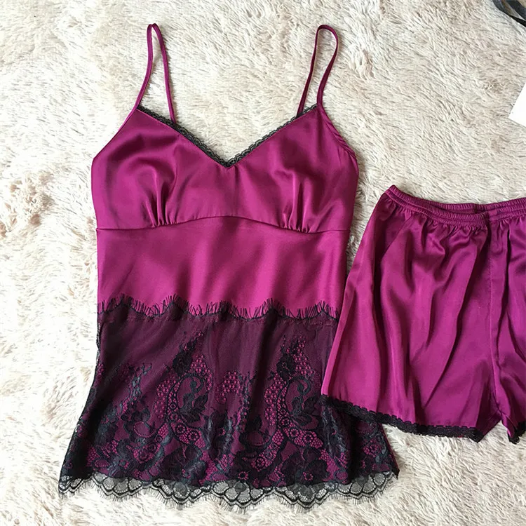 Tinyear Ladies Sexy Silk Satin Pajama Set Lace Pyjama Set Sleeveless ...