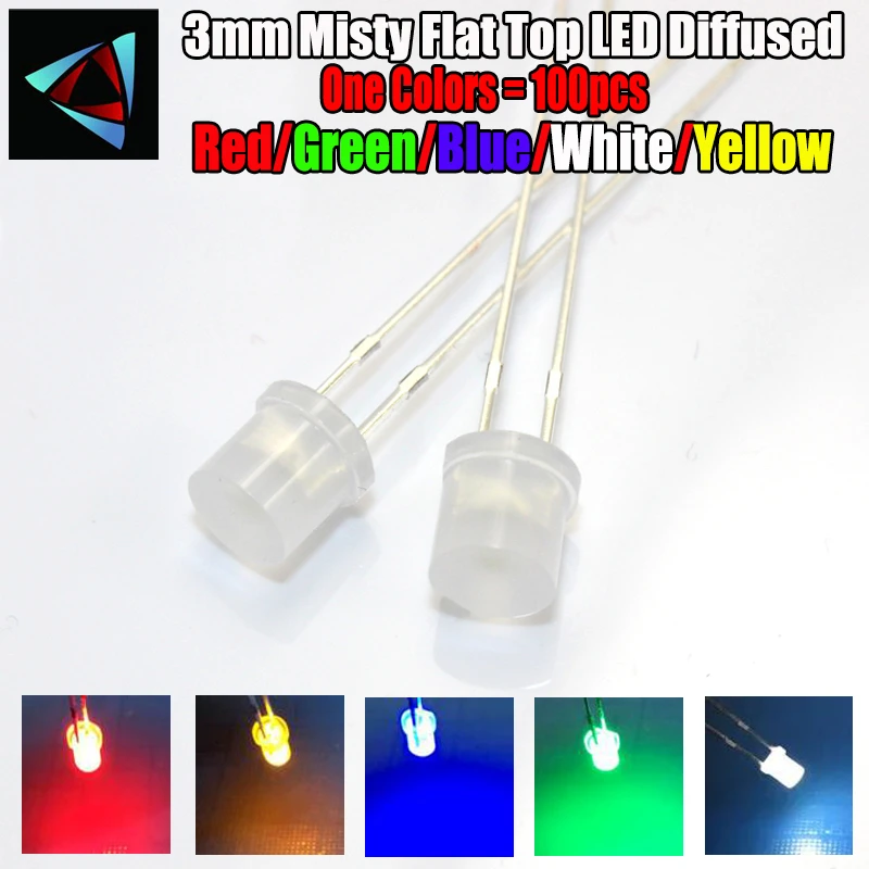 100pcs 3mm 2pins Misty Flat Top LED Diffused White Red Yellow Blue ...