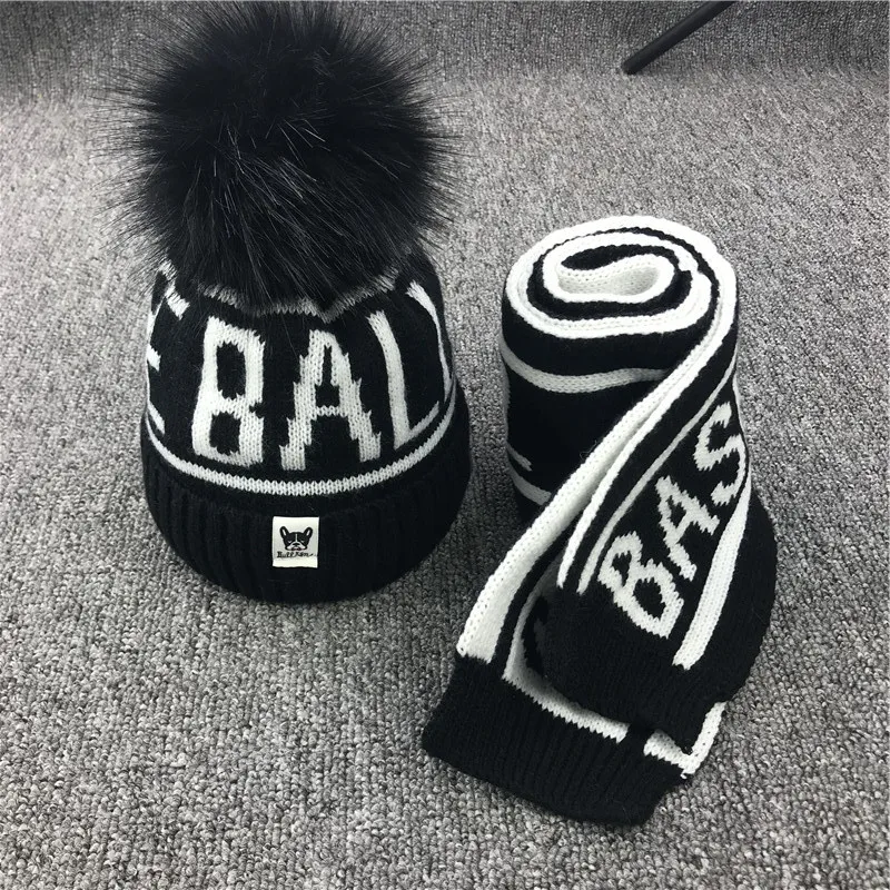 Yyun Children Letters Jacquard Hat and Scarf Set Boys Girls Faux Fur ...
