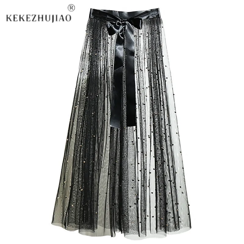 One Layer Tulle Mesh Skirts Long See Through Overlay Beads Skirt Bow ...