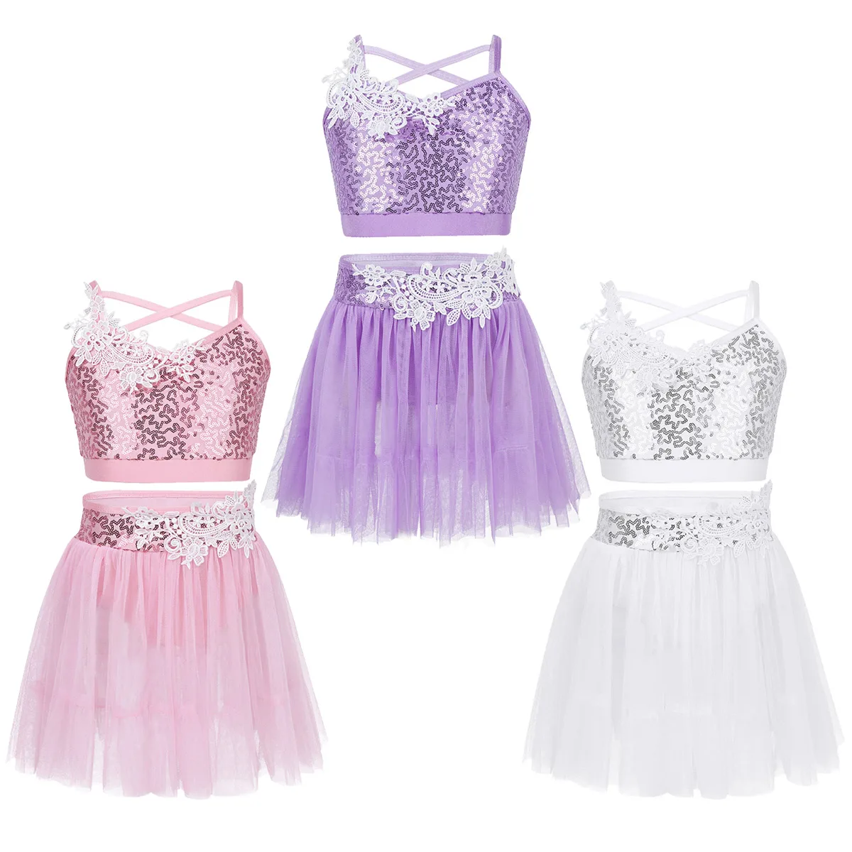 Sequin Girls Figure Skating Baton Twirling Dance Sets Girls Gymnastics ...