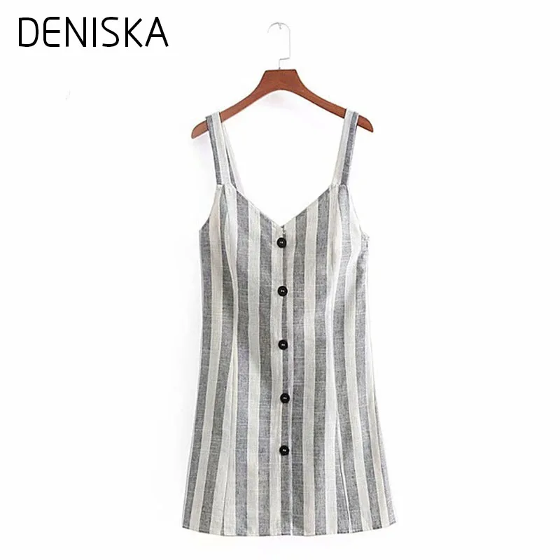 Deniska 2018 New Sleeveless Summer Dress Women Linen Vintage Striped