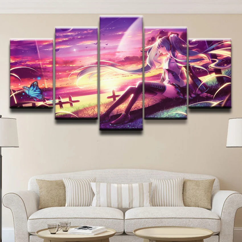 5 Panel Anime Vocaloid Hatsune Miku Girl Modern Home Wall Decor Canvas ...