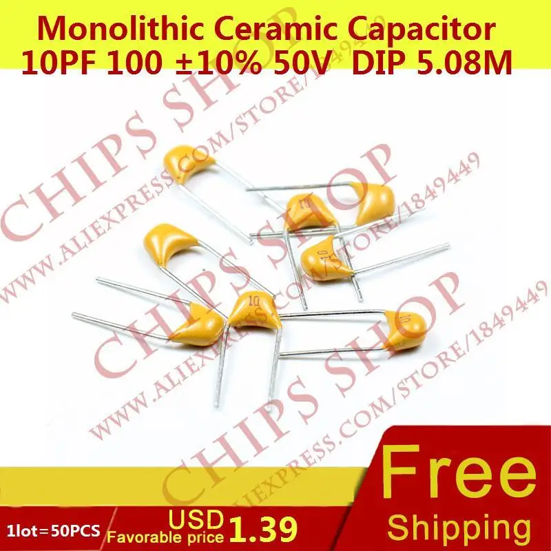 1 lote = 50 unids condensador de cerámica monolítico 10pF 100 10% 50 V ...