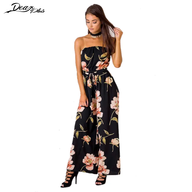 Sexy Strapless Print Beach Bohemian Wide Leg Jumpsuit Rompers Women