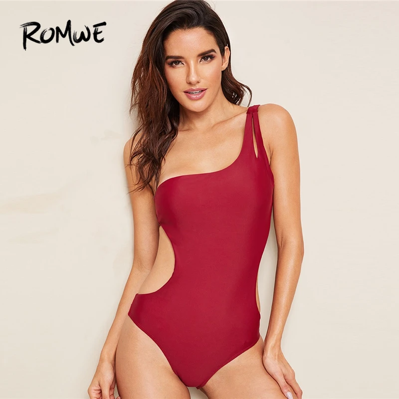 Romwe Sport Red One Shoulder Cut Out Backless Monokini One Piece
