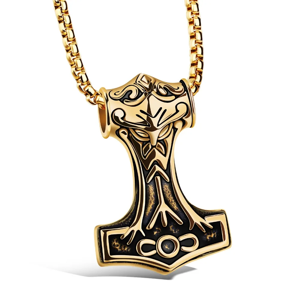 Men's Stainless Steel Gold Black Vintage Thor Hammer Pendant Choker ...