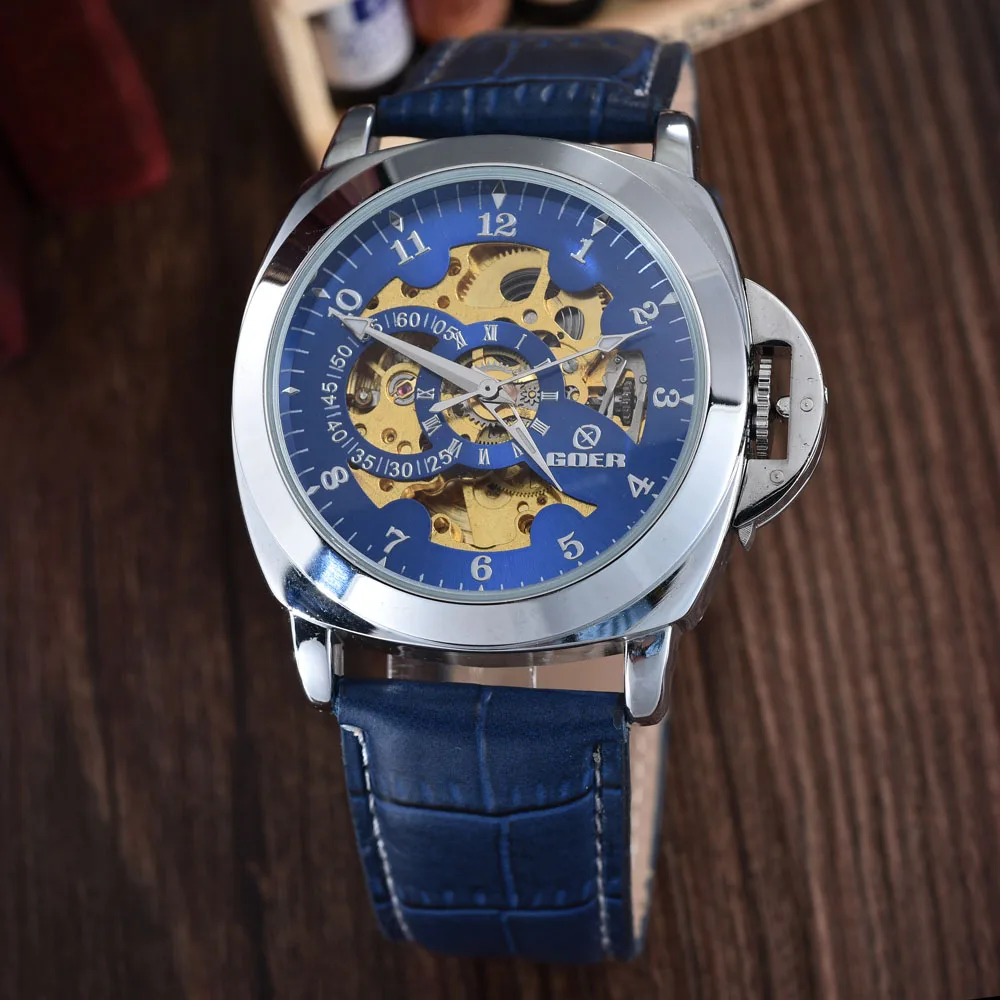 Blue Mechanical Skeleton Watch Leather Strap Automatic Self wind Wrist ...