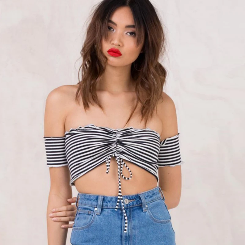 Women Sexy Striped Crop Tops Short Sleeve Tank Tops Off Shoulder