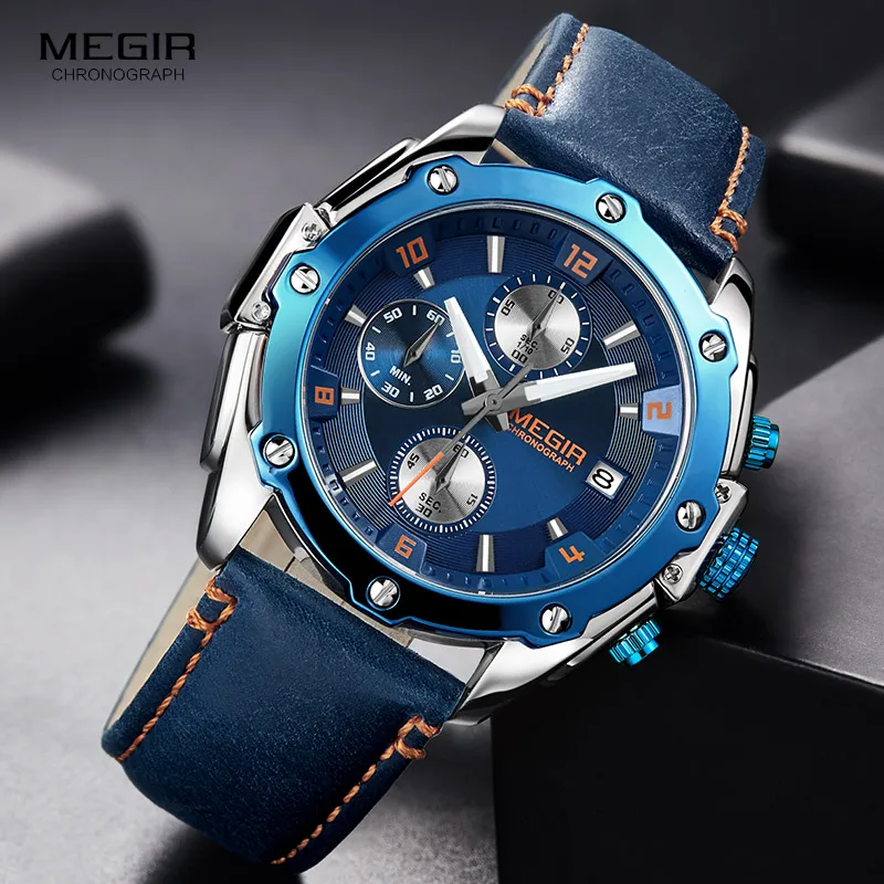 Mens Chronograph Watch Megir Stainless Steel Black | 2068 Megir Quartz ...