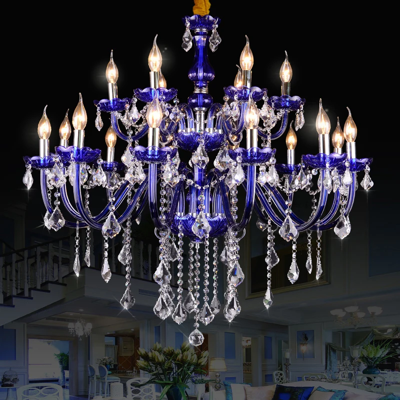 Blue Glass 6 Light Crystal Chandelier