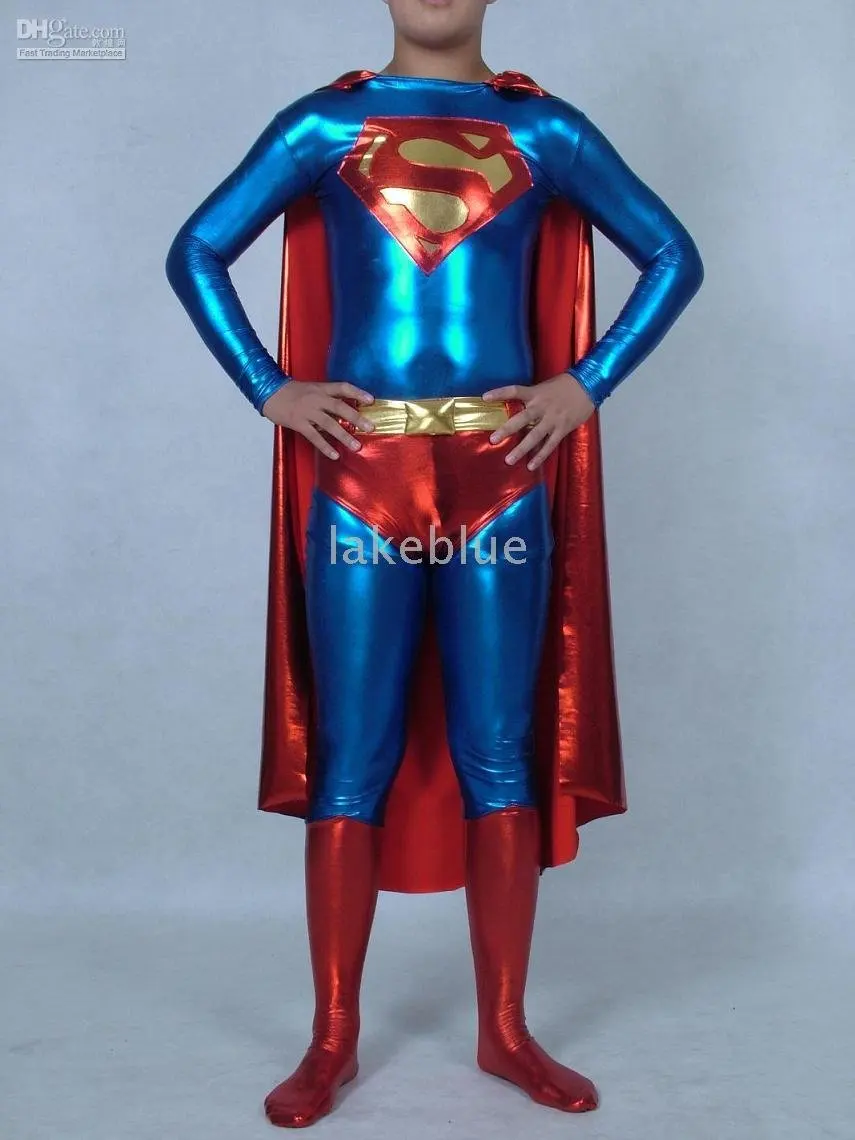 Free Shipping Metallic Lycra Spandex Superman With Cape Hero Zentai